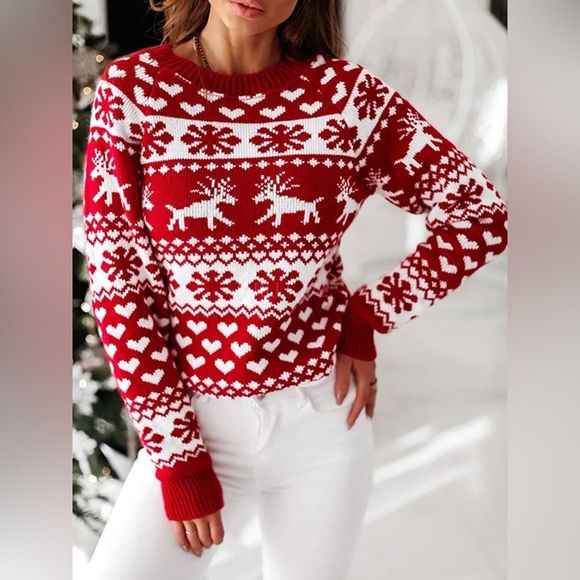 boutique | Sweaters | Red White Christmas Theme Round Neck Sweater ...